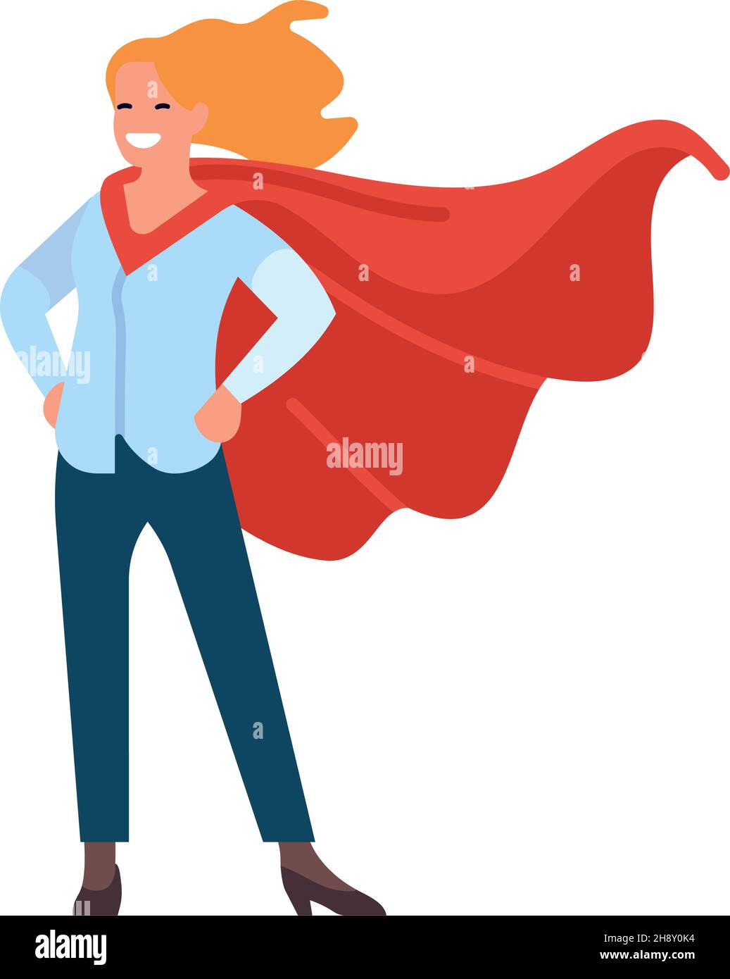 Standing woman in waving cape. Strong superhero character. Girl power ...