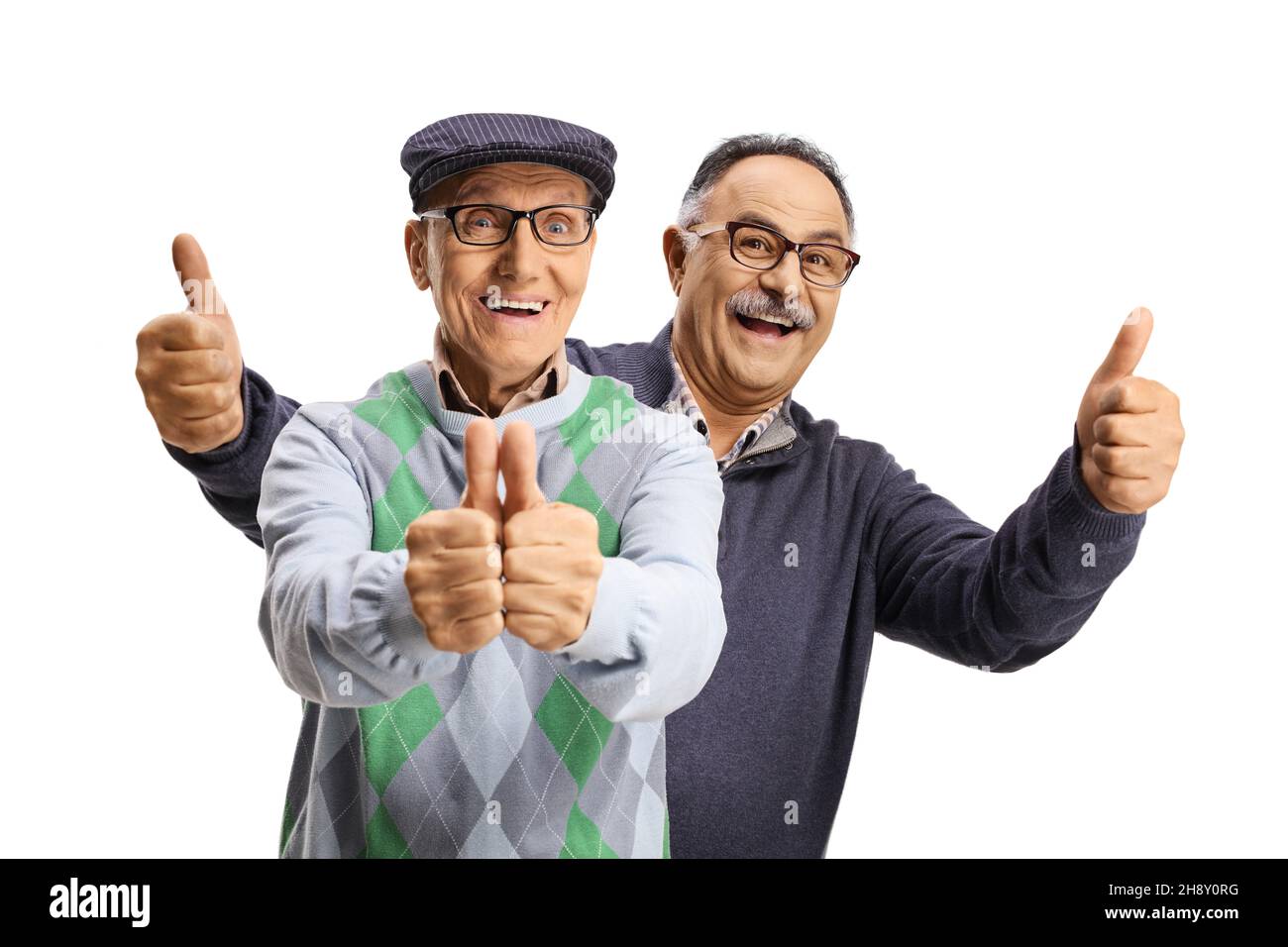 Cheerful elderly men showing thumbs up isolated on white background ...