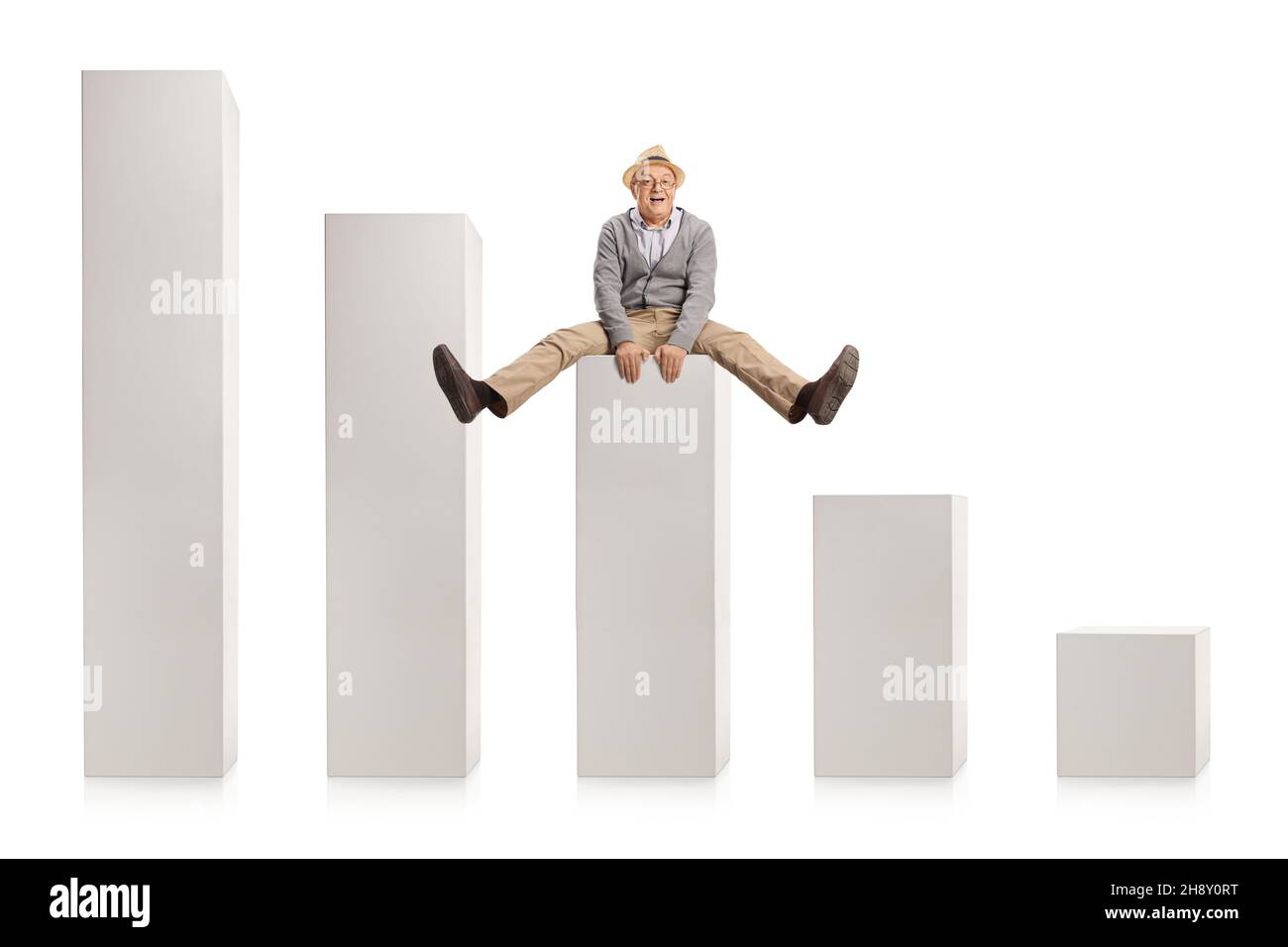 Happy elderly man sitting in the middle of a graph chart isolated on ...