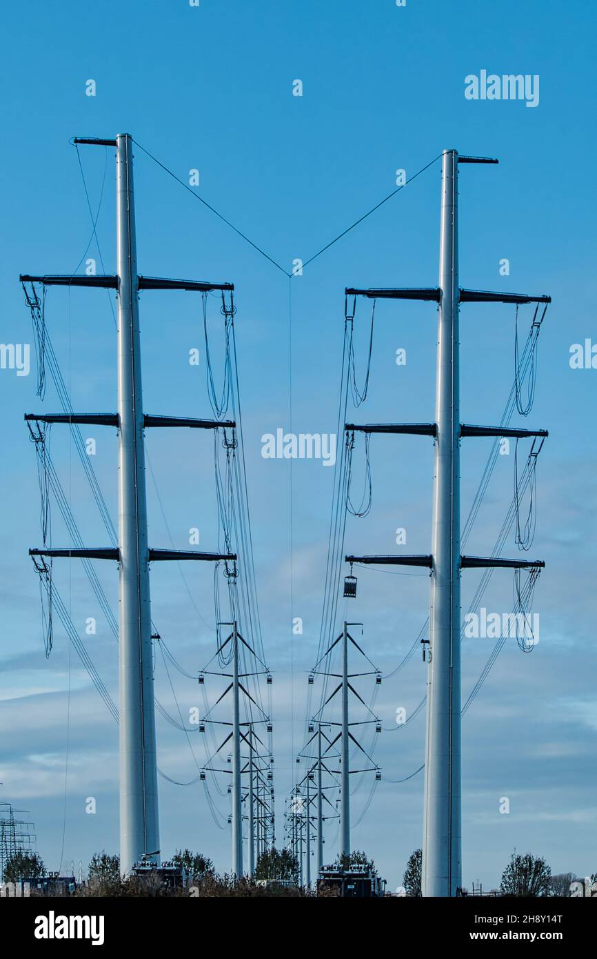 Double row of modern, newly constructed electricity pylons in the ...