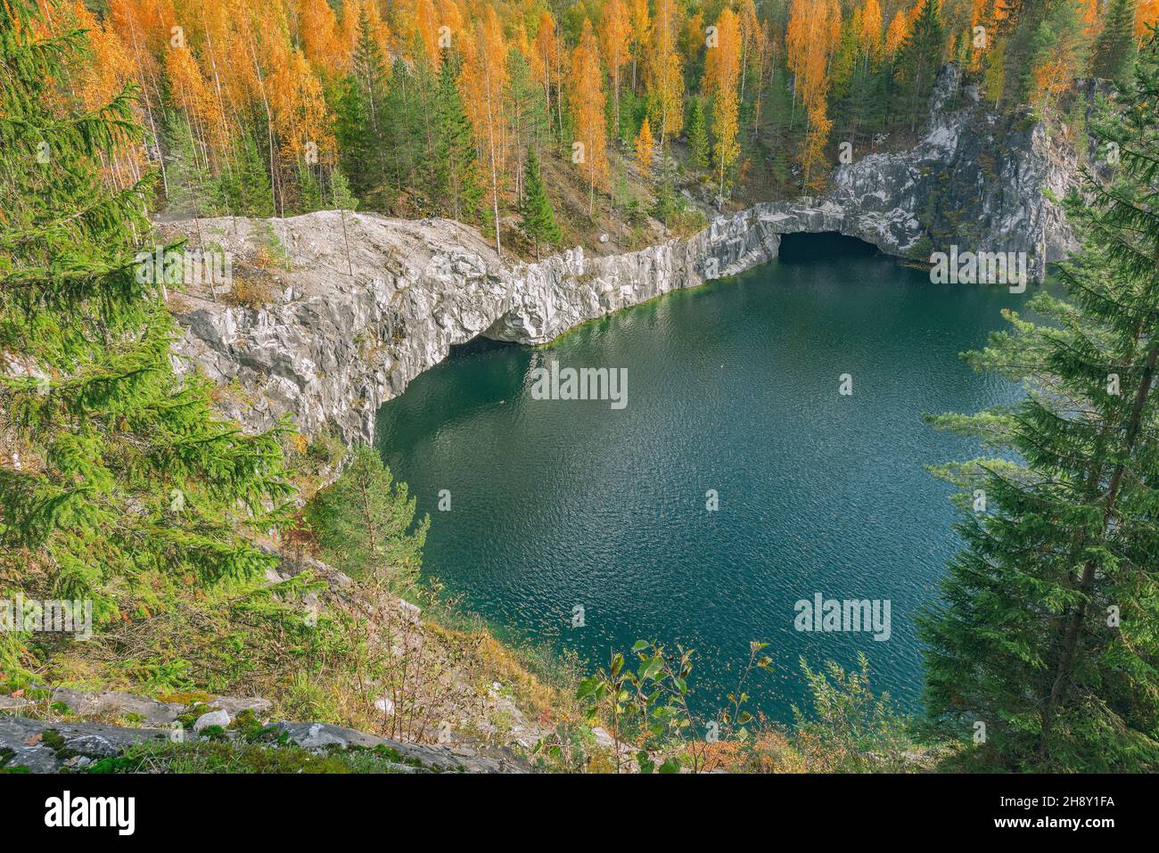 Lake in the deep marble canyon. Ruskeala Mountain Park. Republic of ...