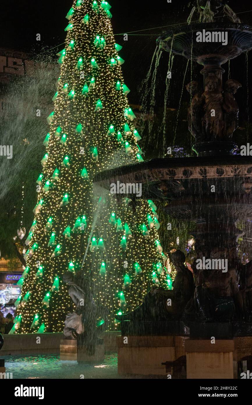 Christmas tree on Rossio square at night in Lisbon, Portugal Stock ...