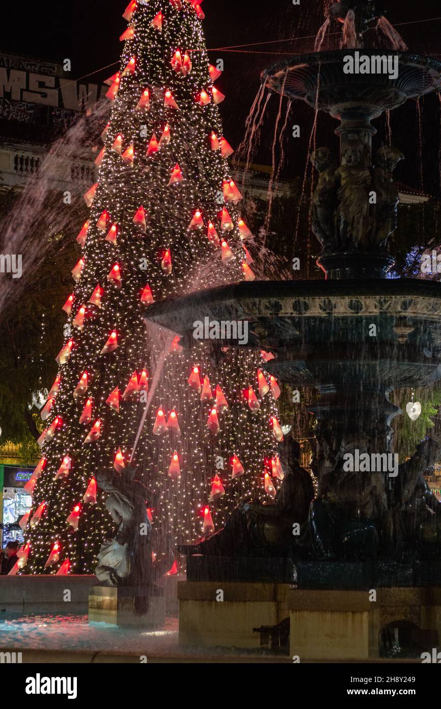 Christmas tree on Rossio square at night in Lisbon, Portugal Stock ...