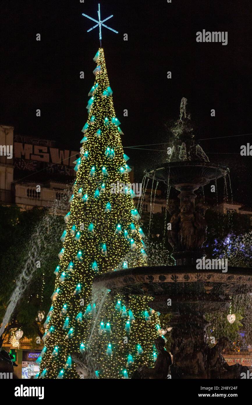 Christmas tree on Rossio square at night in Lisbon, Portugal Stock ...