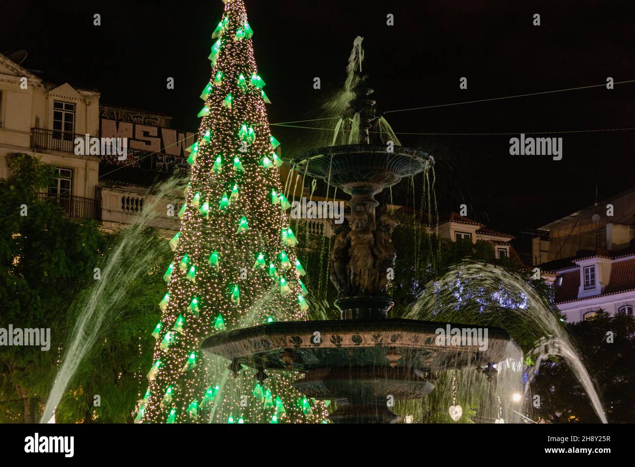 Christmas tree on Rossio square at night in Lisbon, Portugal Stock ...