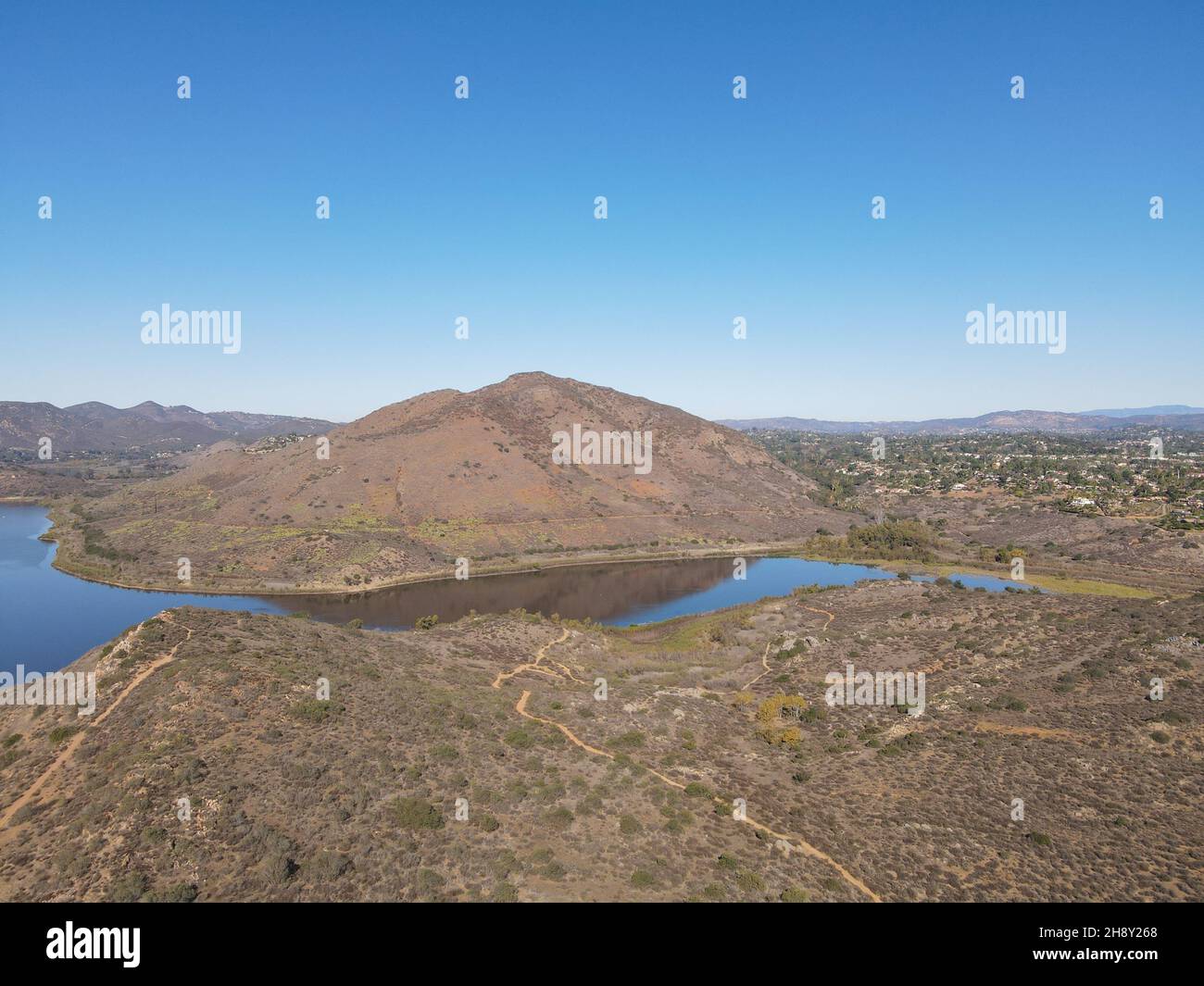 Aerial view of Lake Hodges and Bernardo Mountain, San Diego County ...