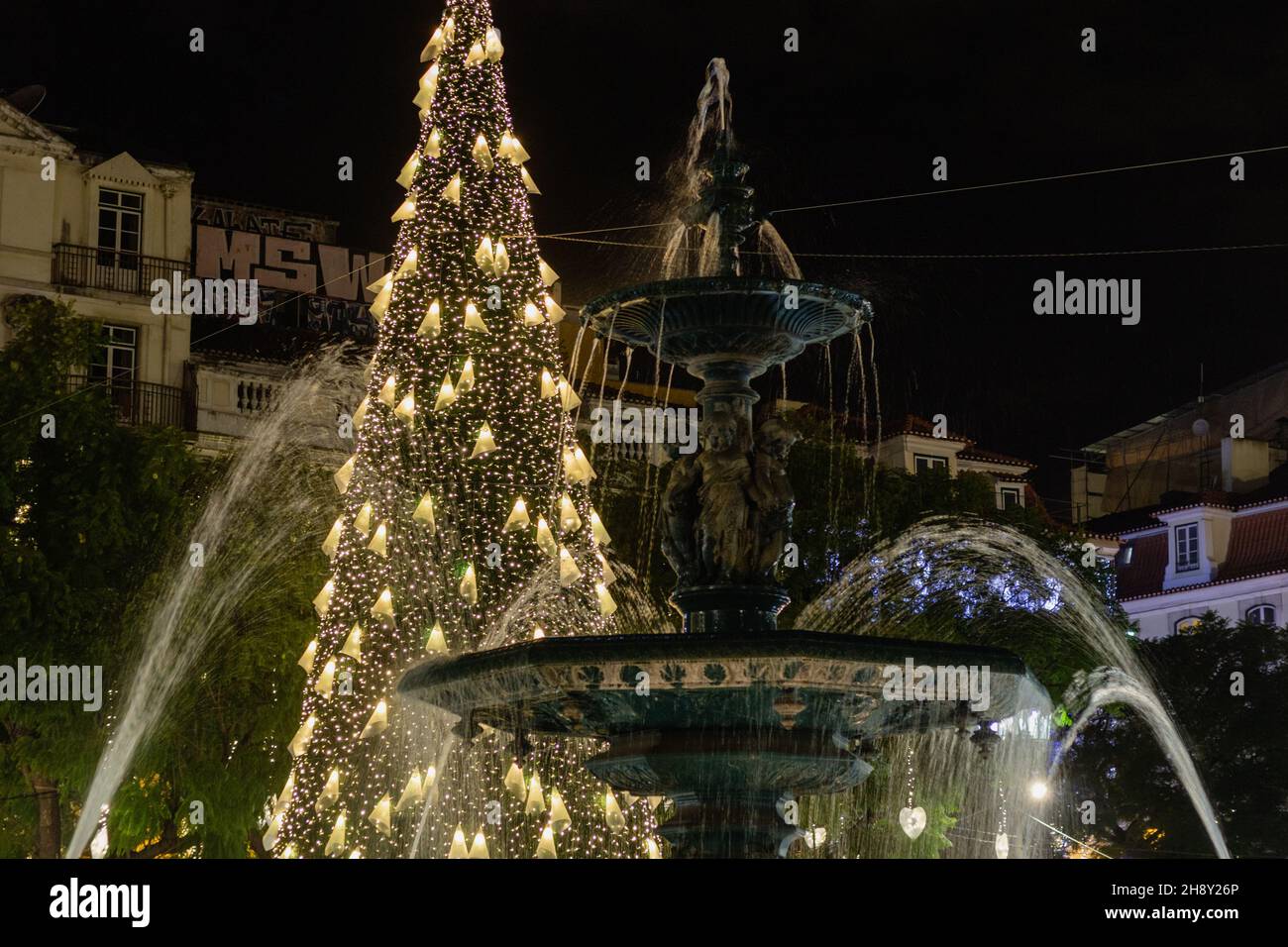 Christmas tree on Rossio square at night in Lisbon, Portugal Stock ...