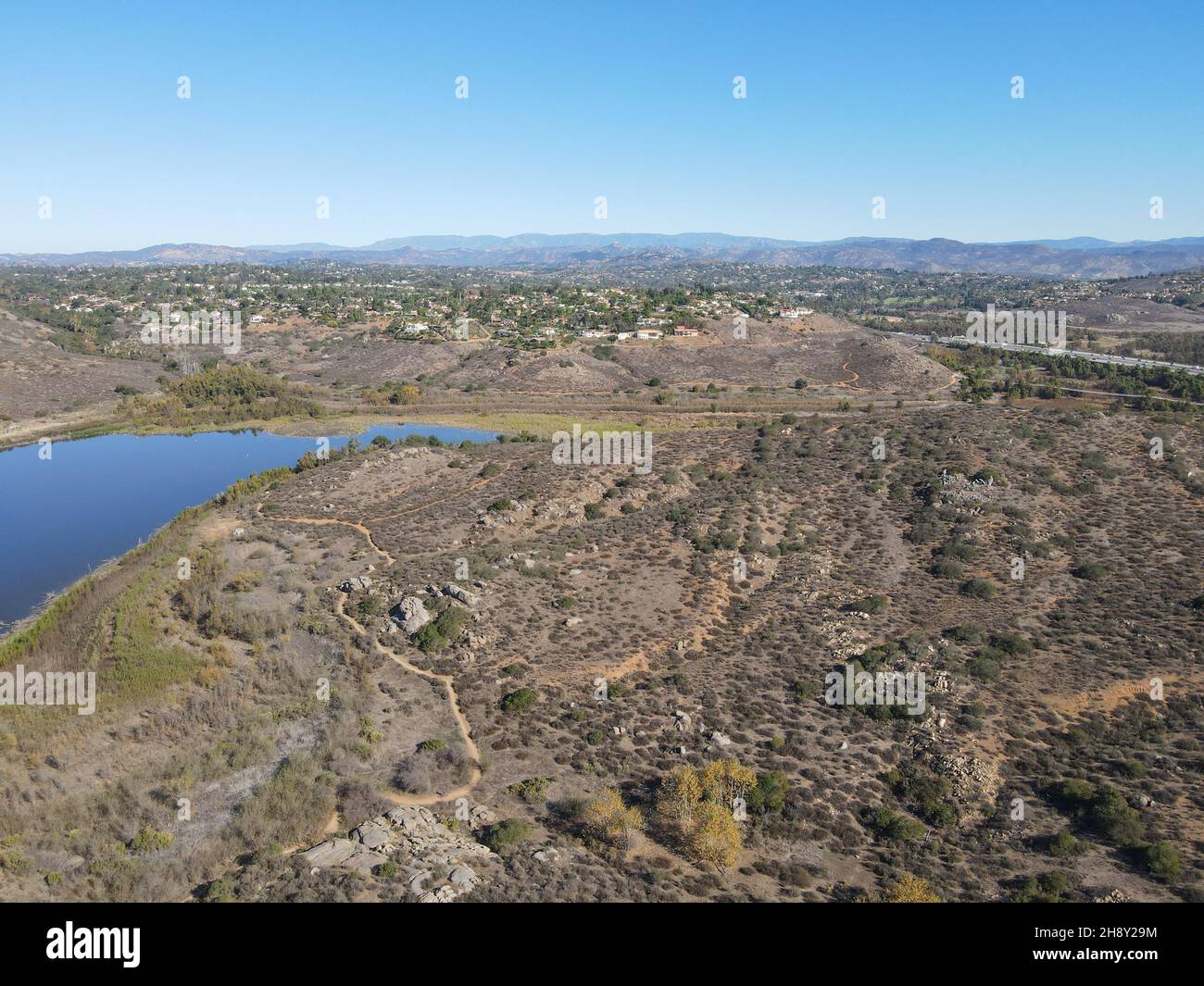 Aerial view of Lake Hodges and Bernardo Mountain, San Diego County ...