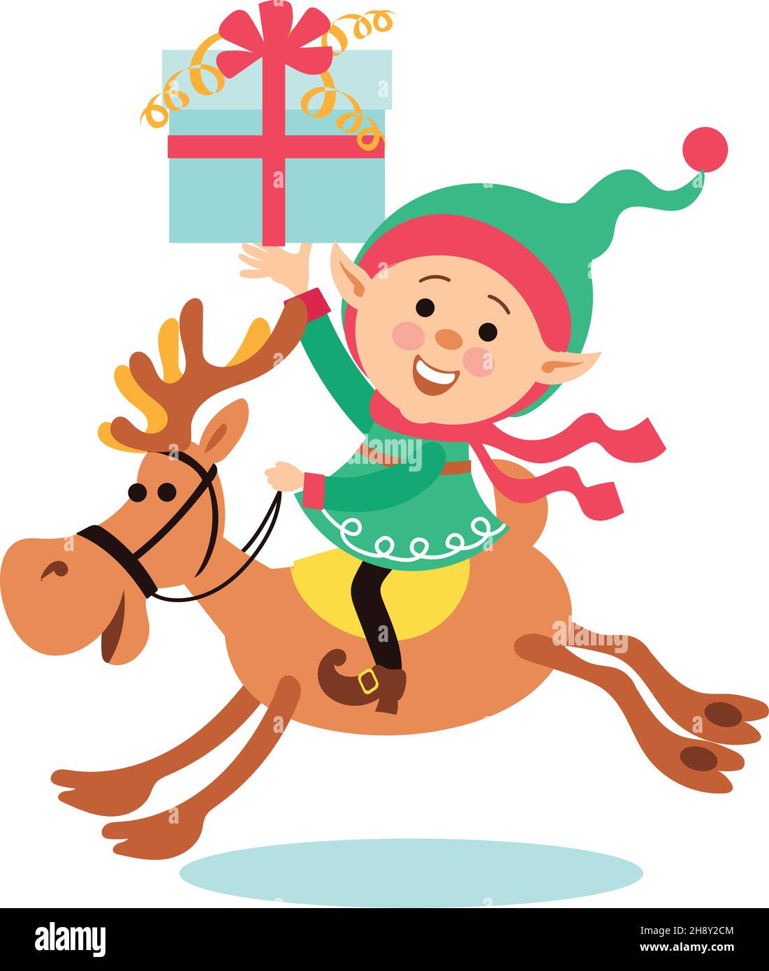 Christmas elf riding deer with gift box. Santa helper carrying kid ...