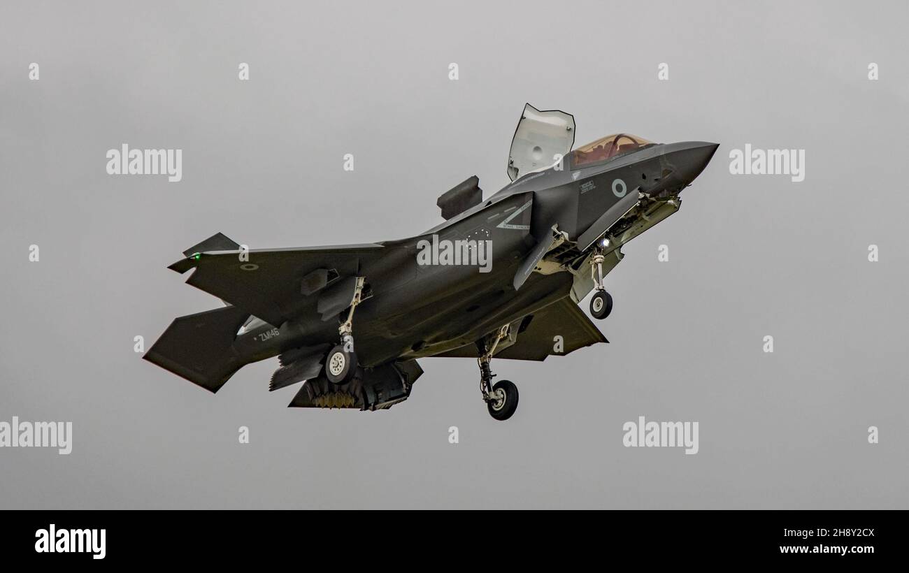 A Royal Air Force Lockheed Martin F-35B Lightning II fighter aircraft hovering during it's ...