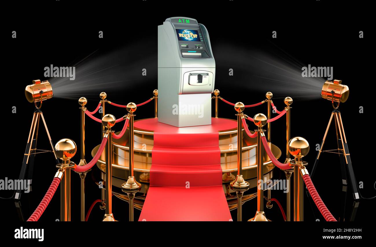 ATM machine on the podium, 3D rendering isolated on black background ...