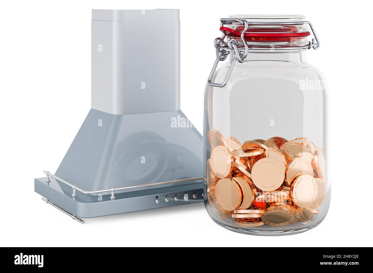 Kitchen extractor hood with glass jar full of golden coins, 3D ...
