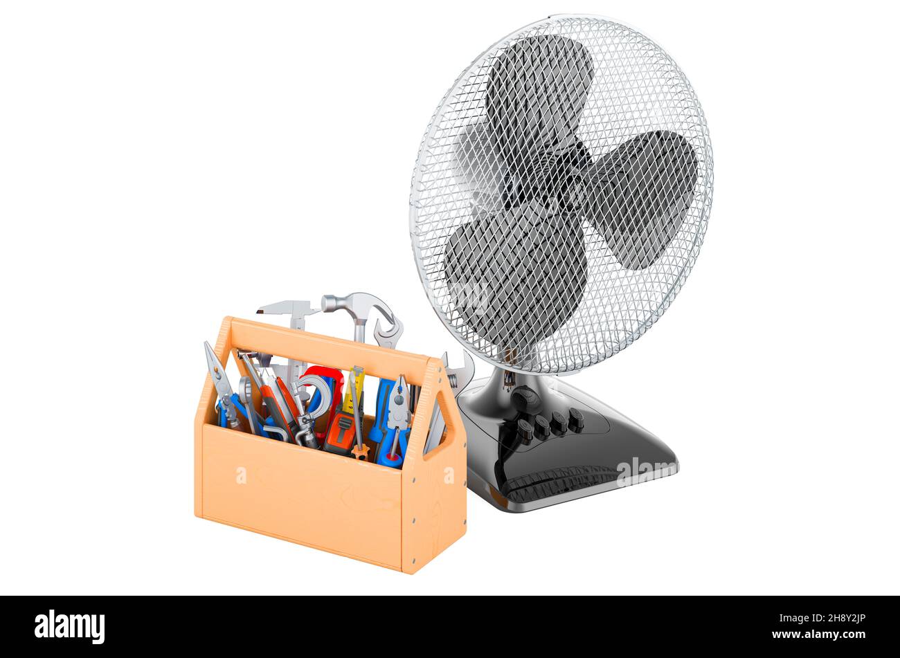 Fan with toolbox. Service and repair of table fan, 3D rendering ...