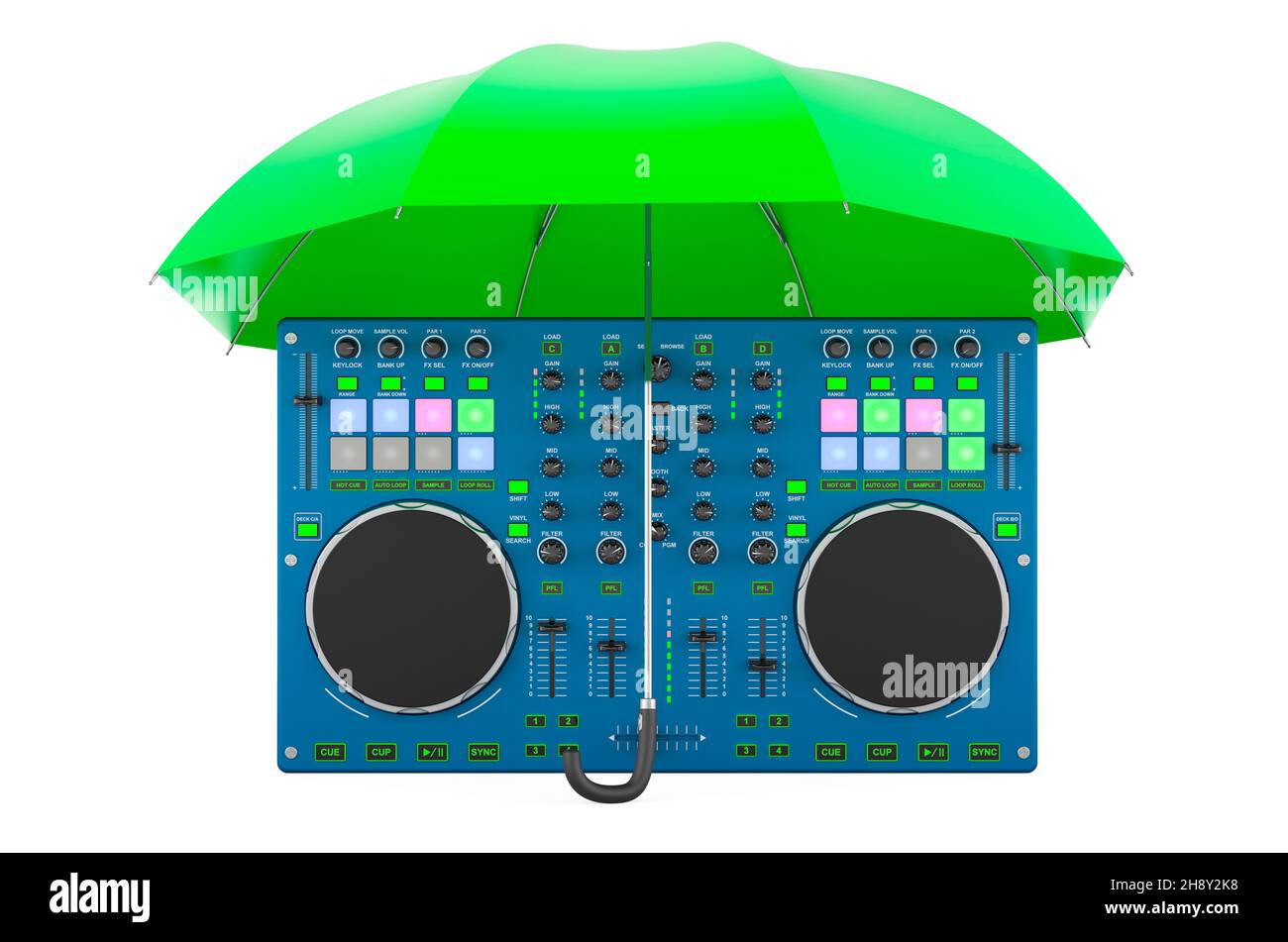 DJ console under umbrella, 3D rendering isolated on white background ...