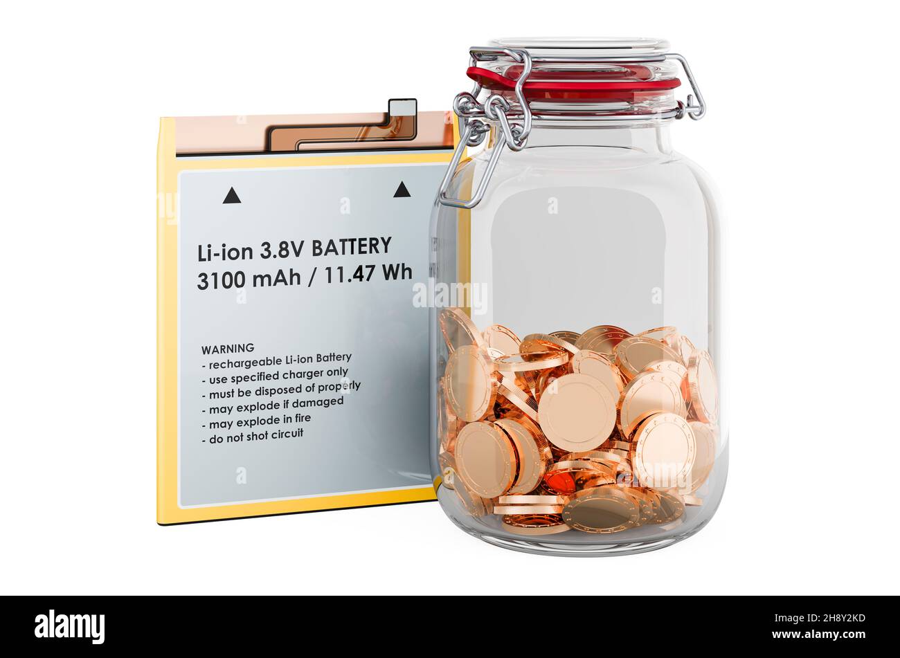 Phone battery with glass jar full of golden coins, 3D rendering ...
