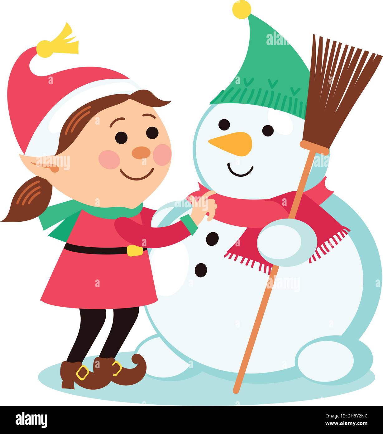 Christmas elf girl making snowman. Cute cartoon characters Stock Vector ...