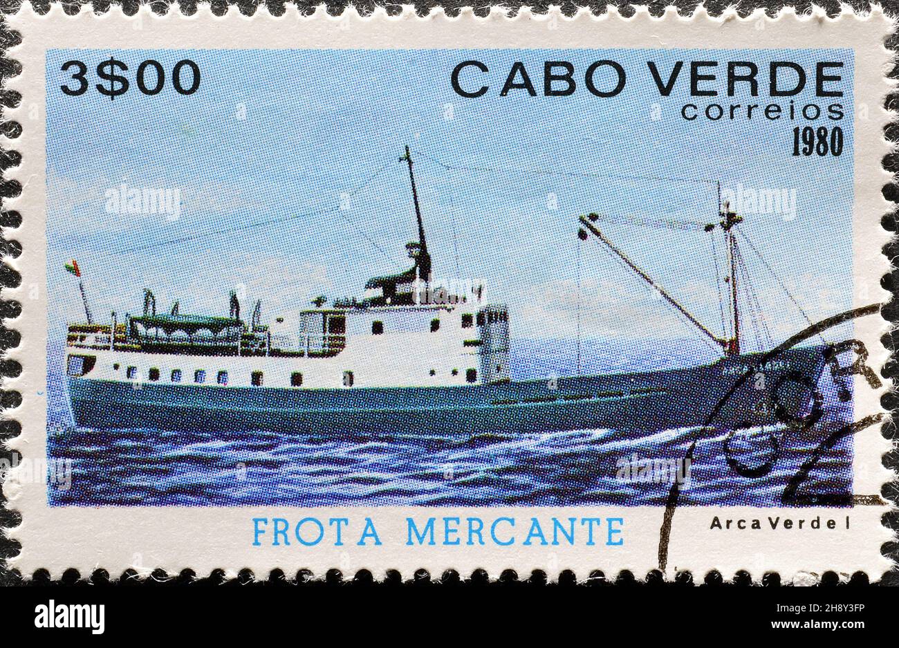 Cancelled postage stamp printed by Cape Verde, that shows Freighter ...