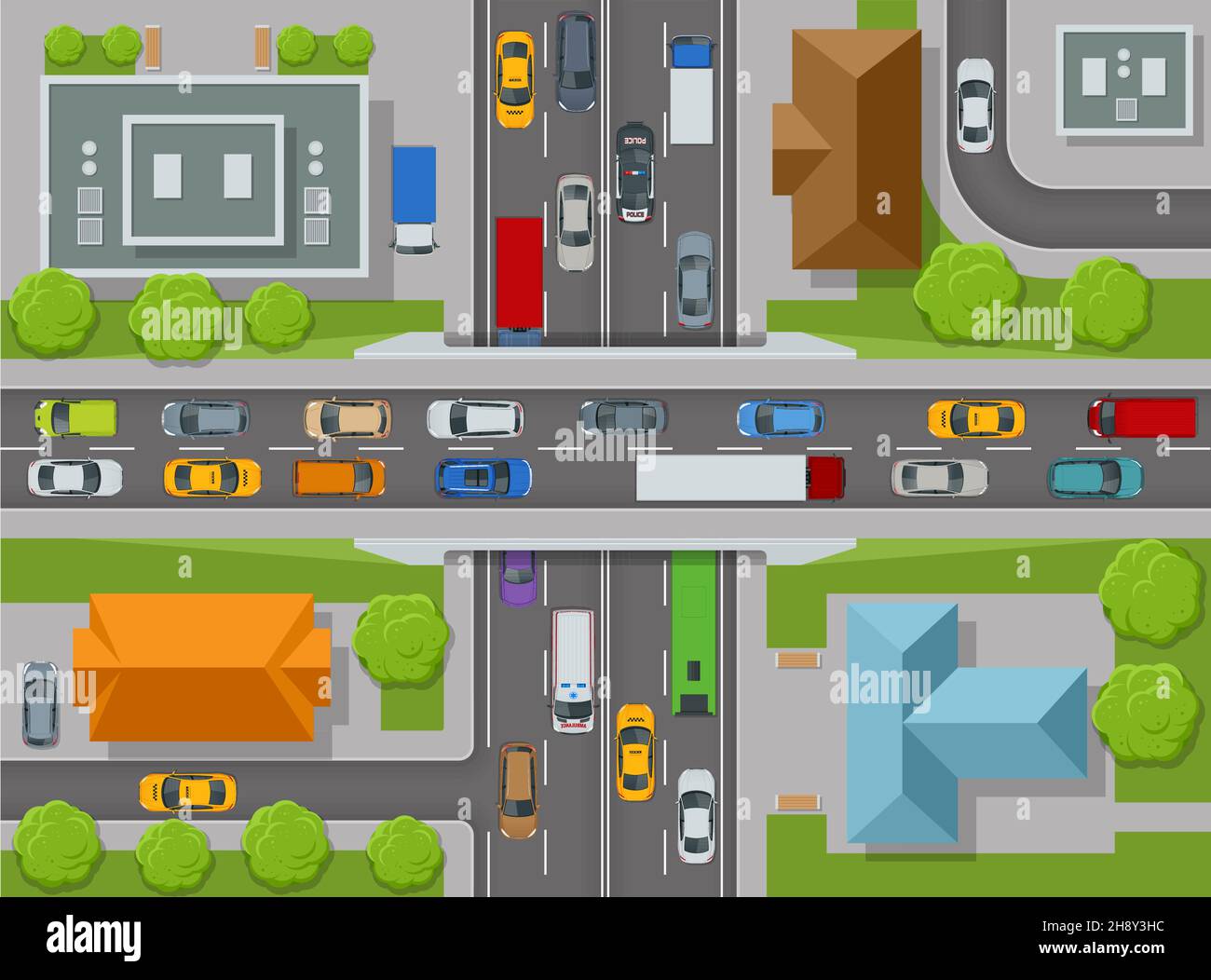 City top view. Cars, roads, houses, streets top view. View town ...