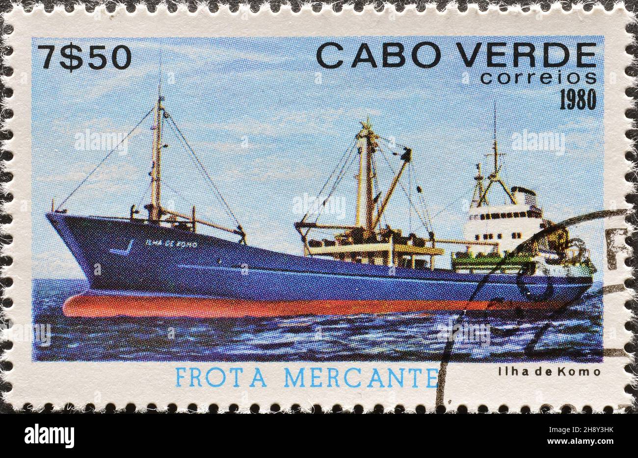Cancelled postage stamp printed by Cape Verde, that shows Freighter ...