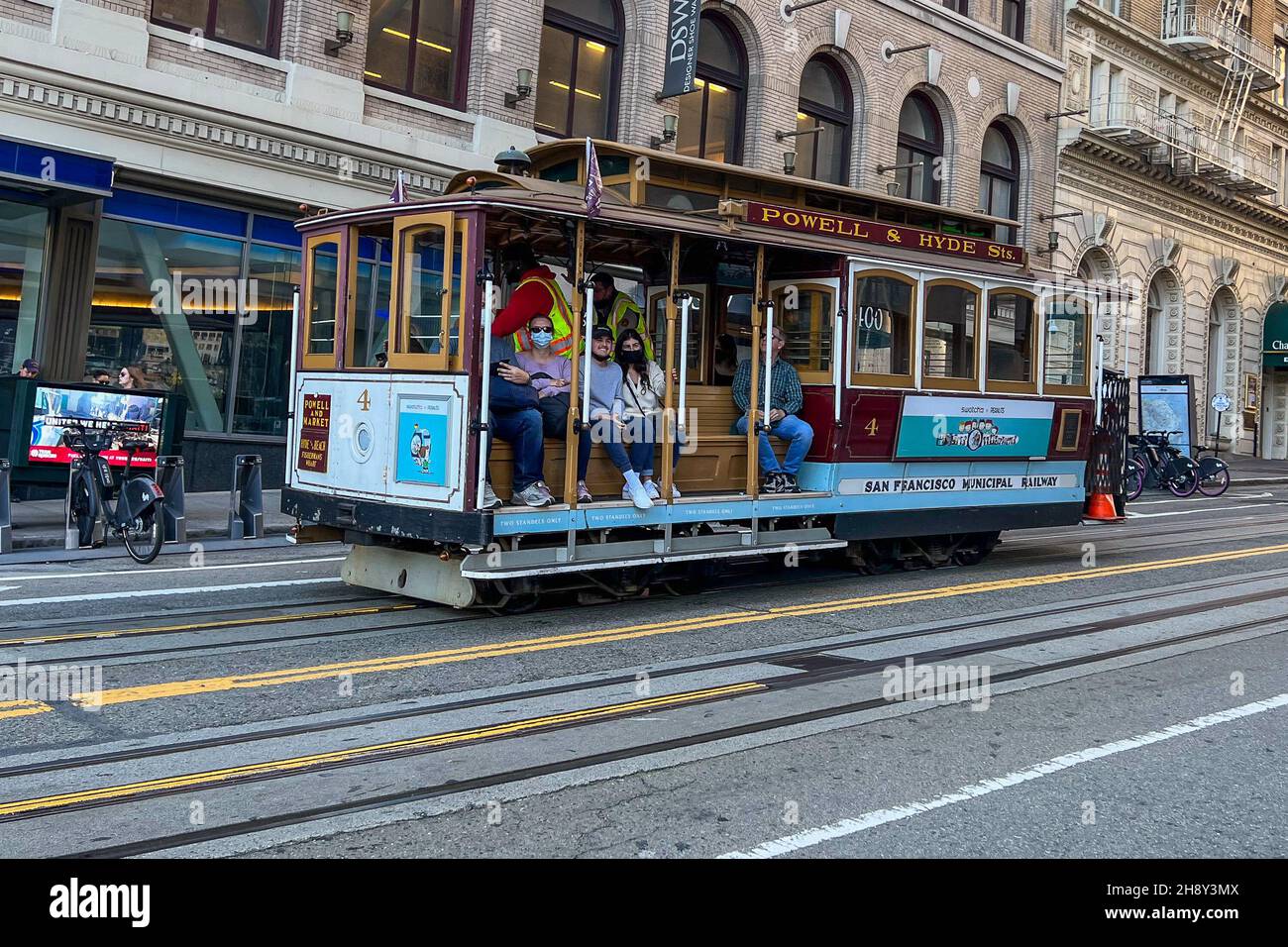 A cable car runs along a street in San Francisco on Nov. 22, 2021. The ...