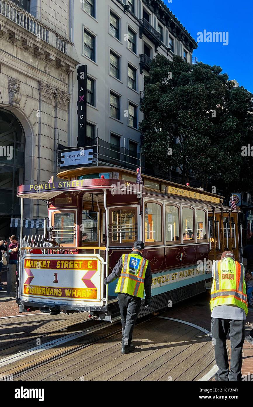 A cable car runs along a street in San Francisco on Nov. 22, 2021. The ...