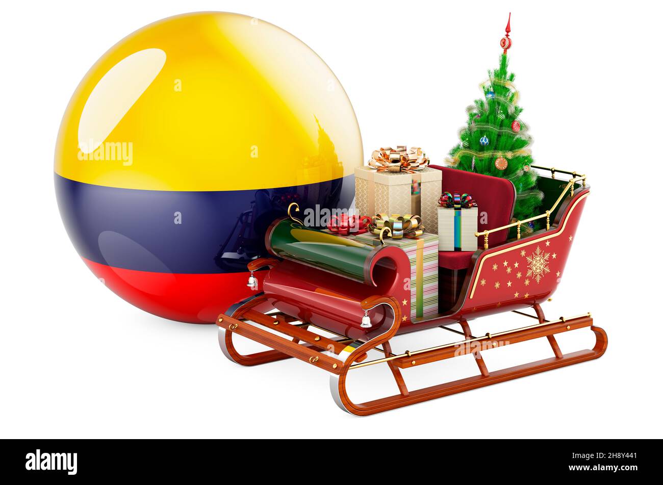 Christmas in Colombia, concept. Christmas Santa sleigh full of gifts ...