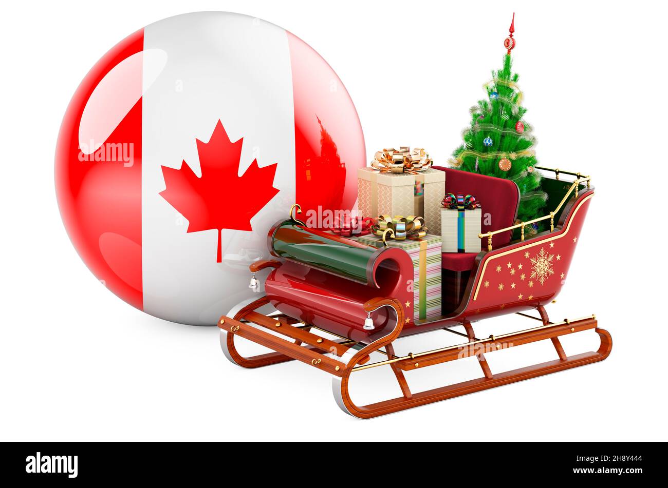 Christmas in Canada, concept. Christmas Santa sleigh full of gifts with ...