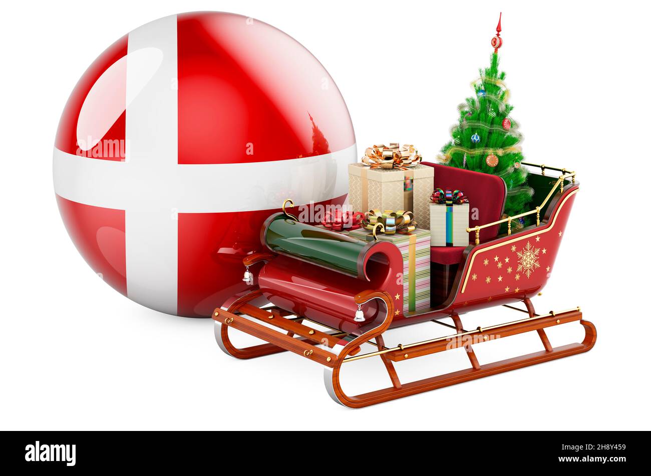Christmas in Denmark, concept. Christmas Santa sleigh full of gifts ...