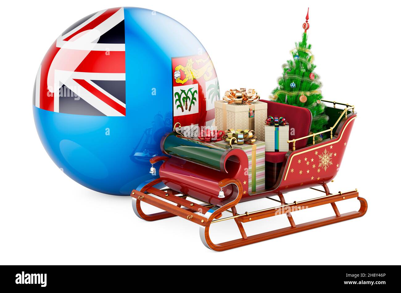 Christmas in Fiji, concept. Christmas Santa sleigh full of gifts with ...