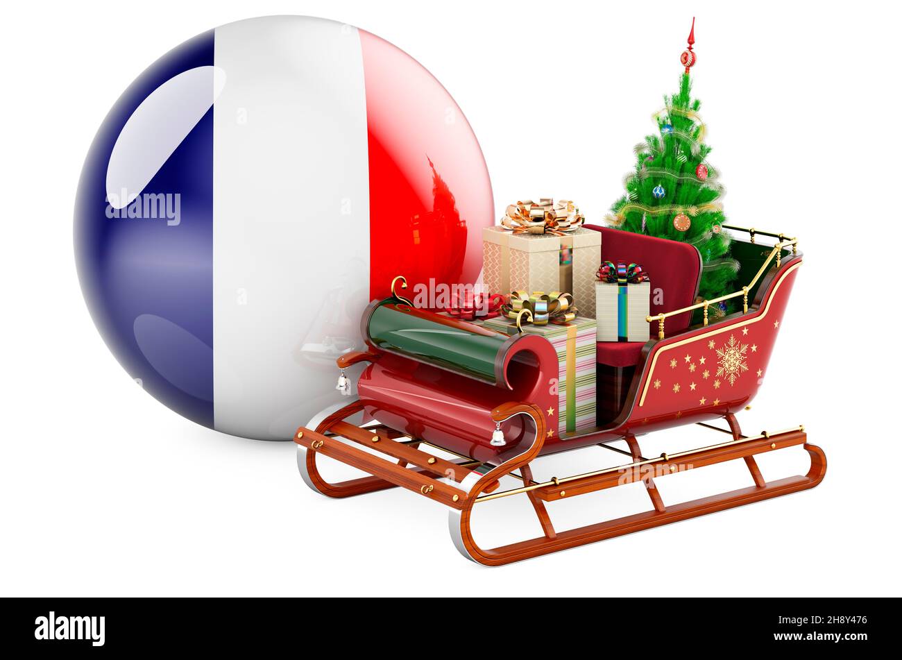 Christmas in France, concept. Christmas Santa sleigh full of gifts with ...