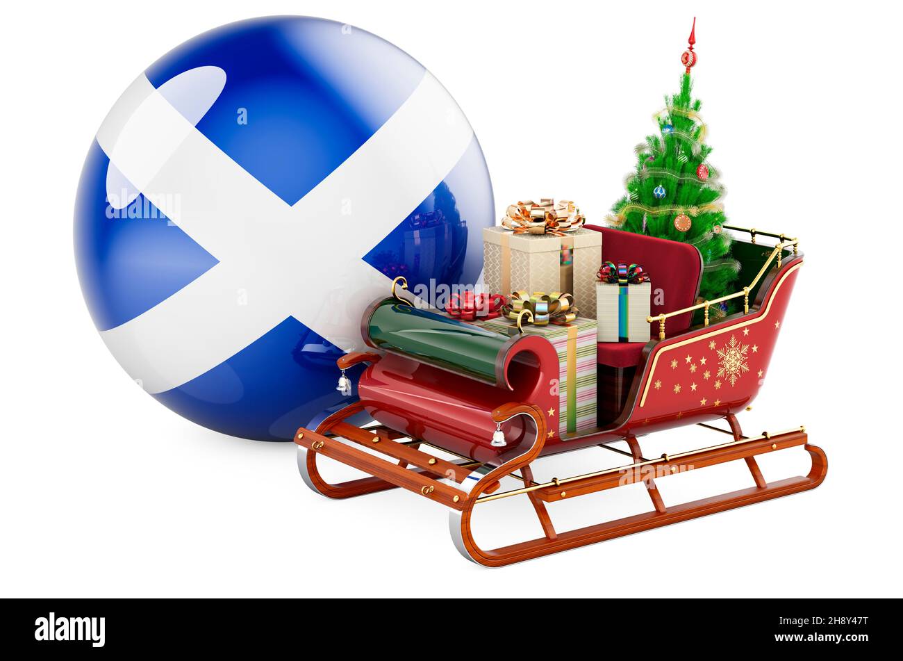 Christmas in Scotland, concept. Christmas Santa sleigh full of gifts ...