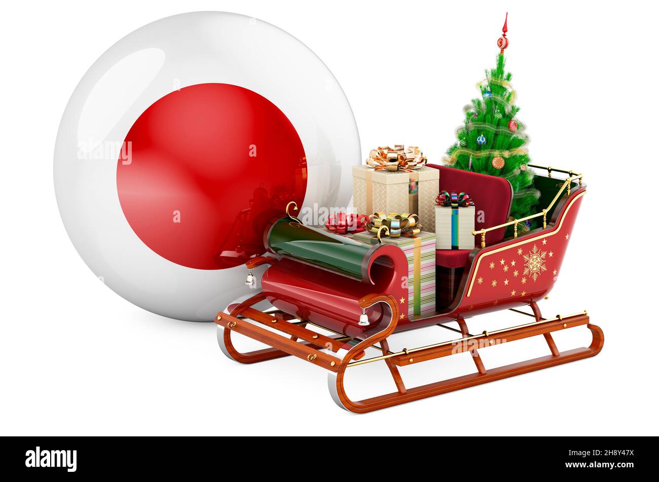 Christmas in Japan, concept. Christmas Santa sleigh full of gifts with ...