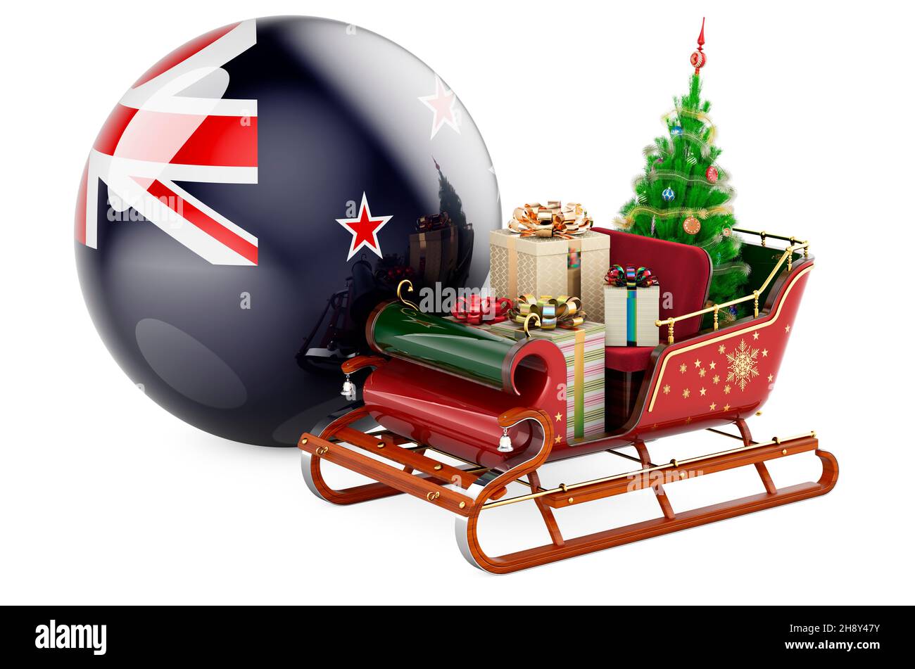 Christmas in New Zealand, concept. Christmas Santa sleigh full of gifts ...