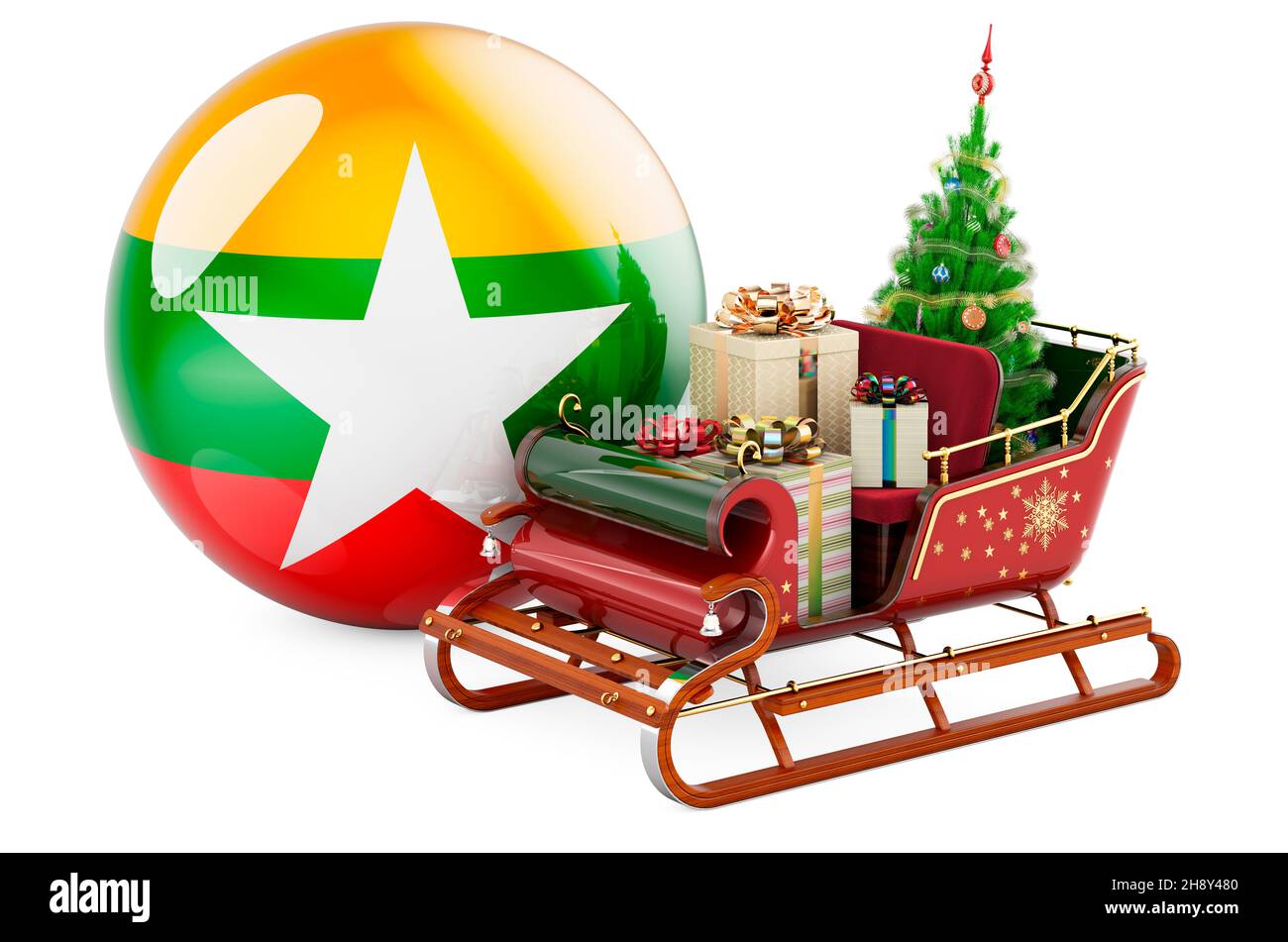 Christmas in Myanmar, concept. Christmas Santa sleigh full of gifts ...