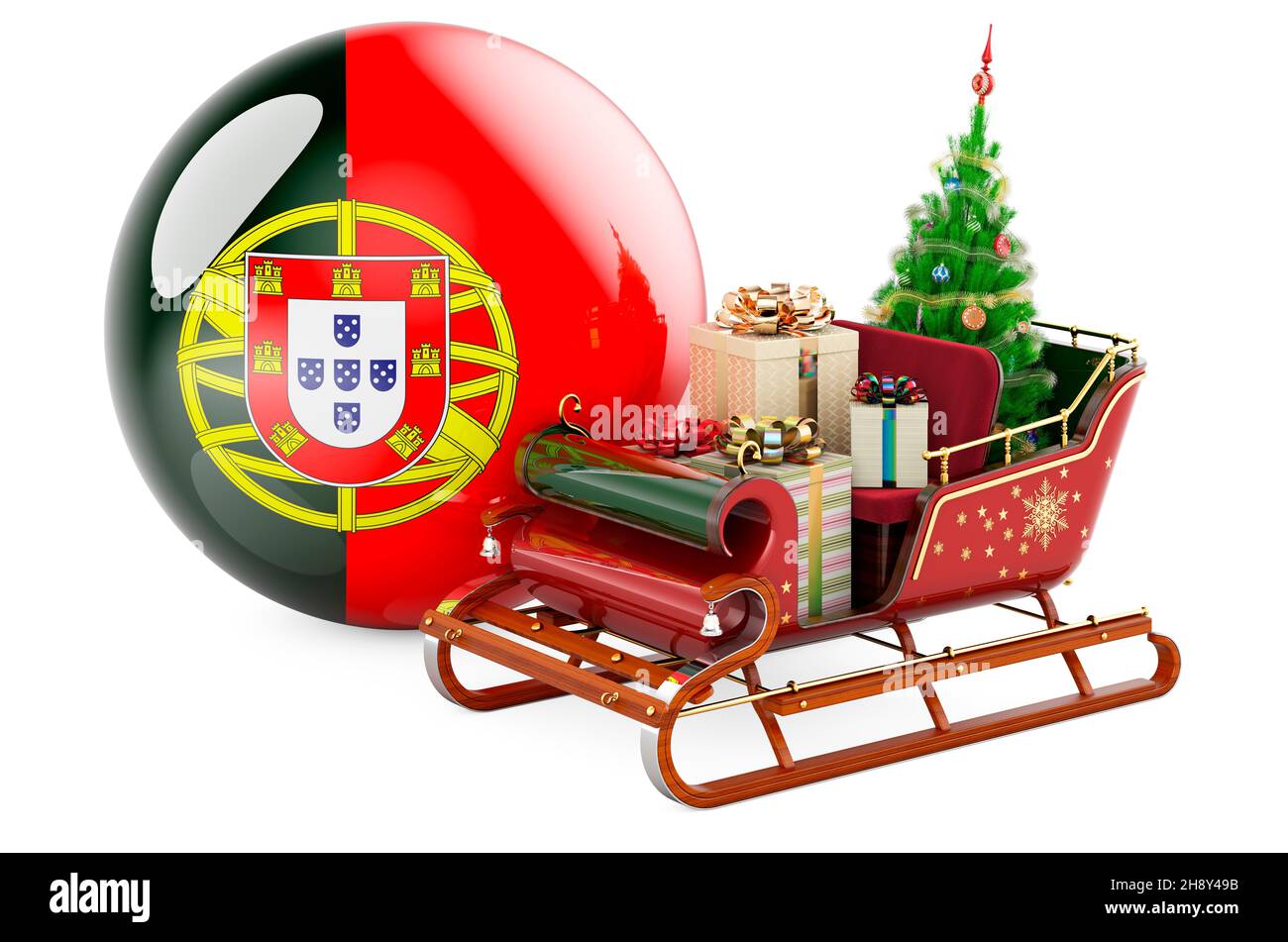 Christmas in Portugal, concept. Christmas Santa sleigh full of gifts ...