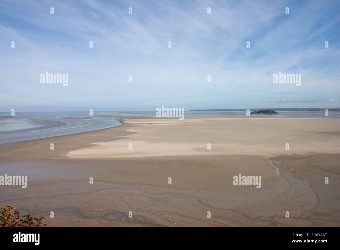 The view from Mont Saint-Michel looking over the bay at low tide ...