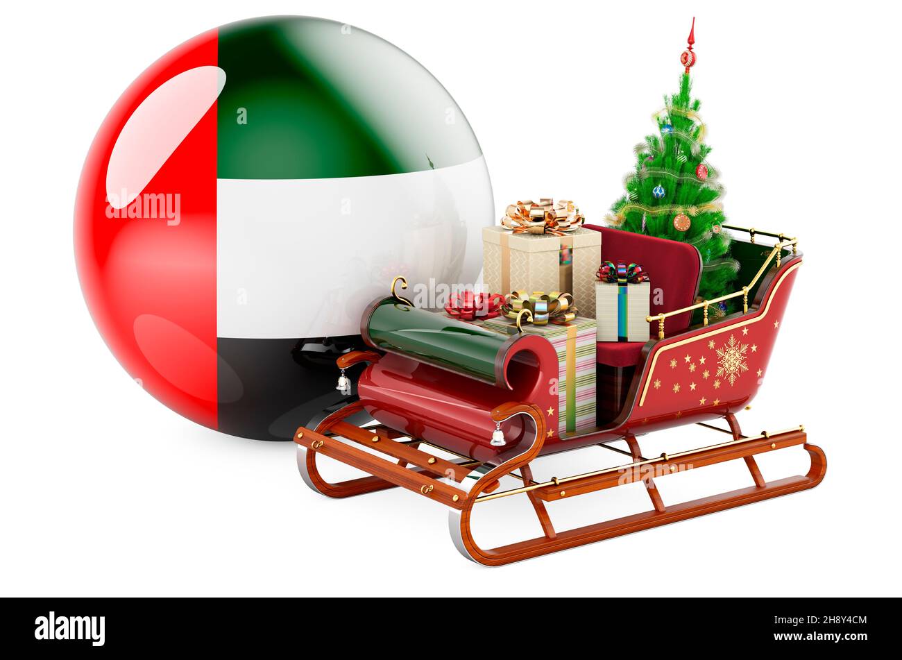 Christmas in the UAE, concept. Christmas Santa sleigh full of gifts ...