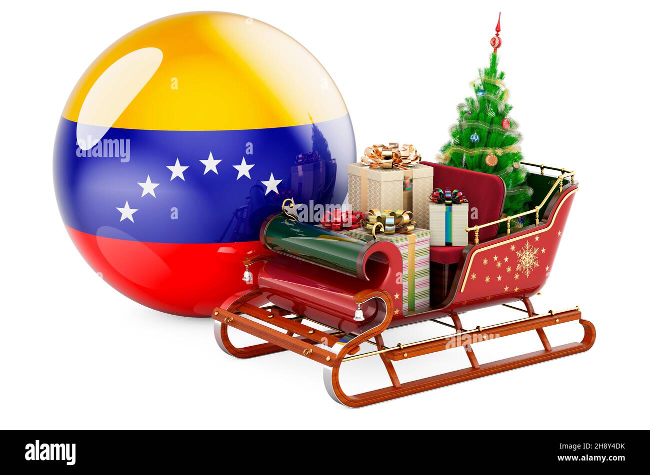 Christmas in Venezuela, concept. Christmas Santa sleigh full of gifts ...