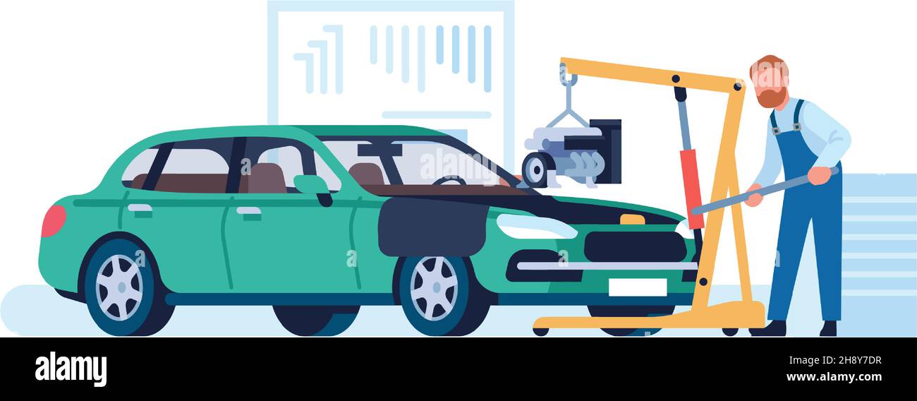 Car engine repair. Service worker disassembling vehicle Stock Vector ...