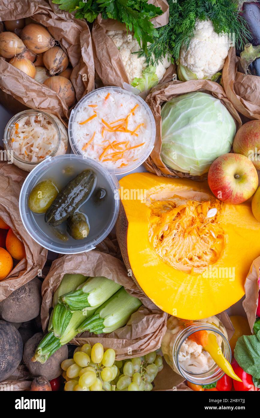 Homemade fermented in glass jars, pickled food from healthy vegetables ...