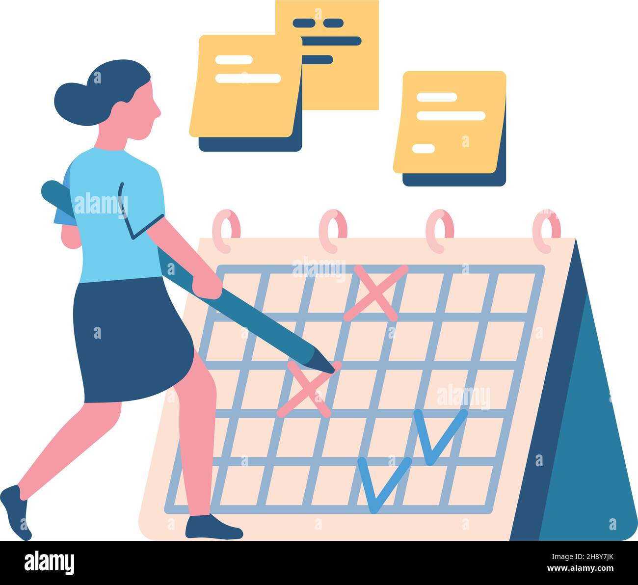 Woman checking completed tasks in calendar with big pencil Stock Vector ...