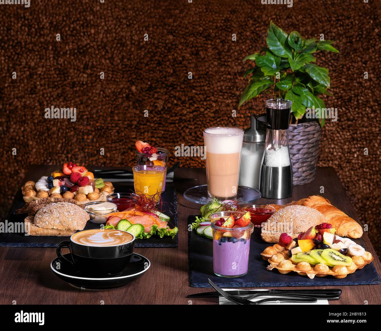 Breakfast or brunch set for two person on rustic wooden table Stock ...