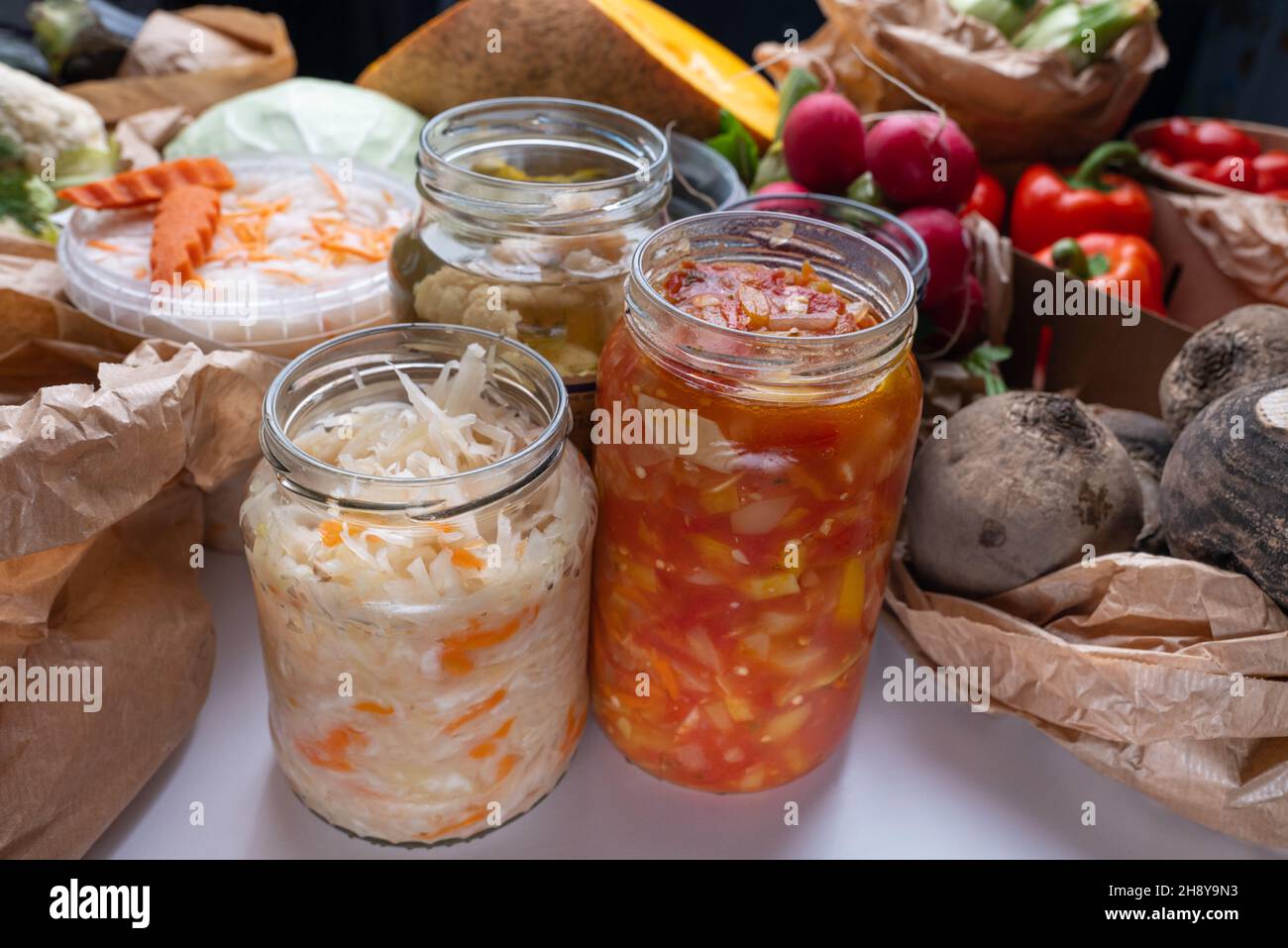 Homemade fermented in glass jars, pickled food from healthy vegetables ...