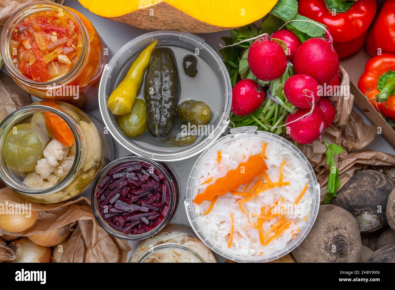 Homemade fermented in glass jars, pickled food from healthy vegetables ...