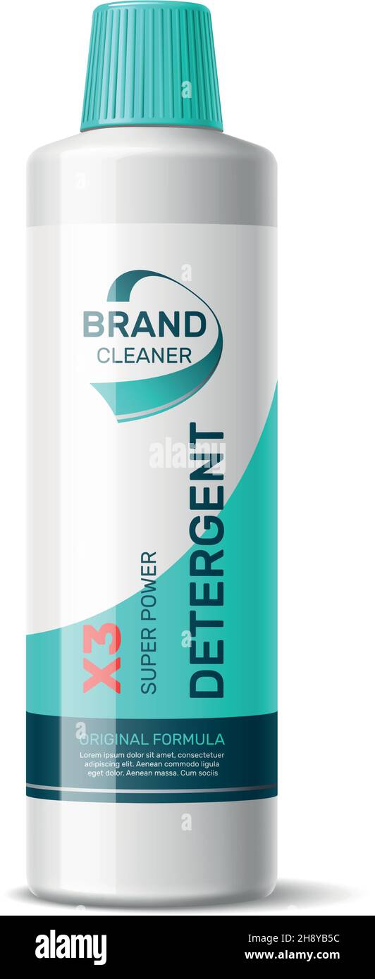 Realistic detergent package design. Plastic bottle with blue label ...