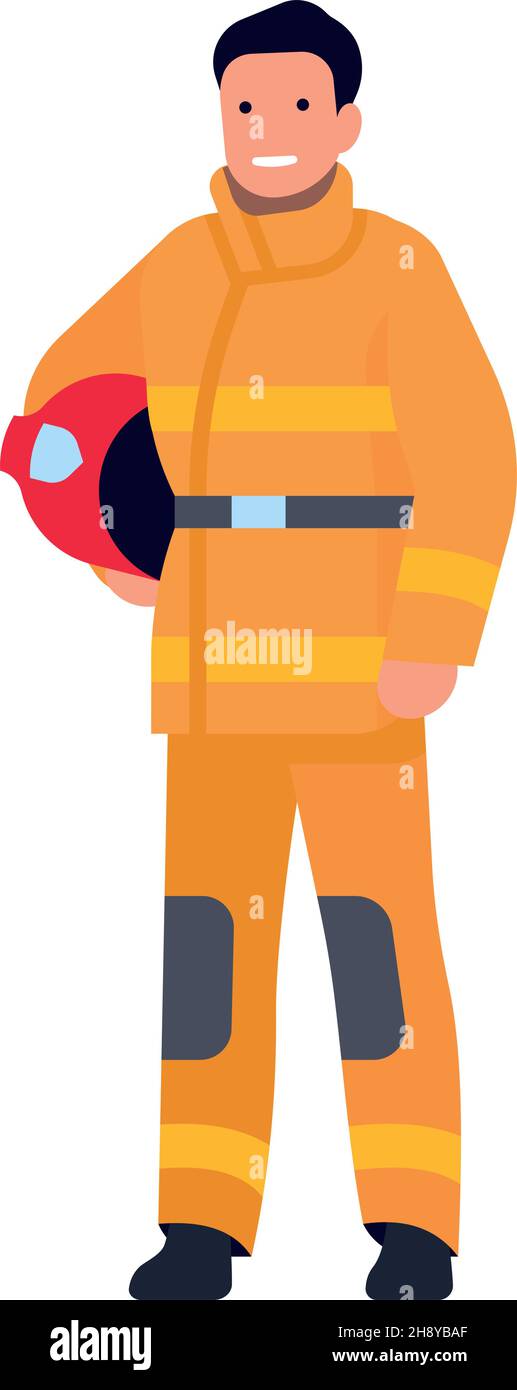 Man in firefighter uniform holding yellow helmet. Fireman icon Stock ...