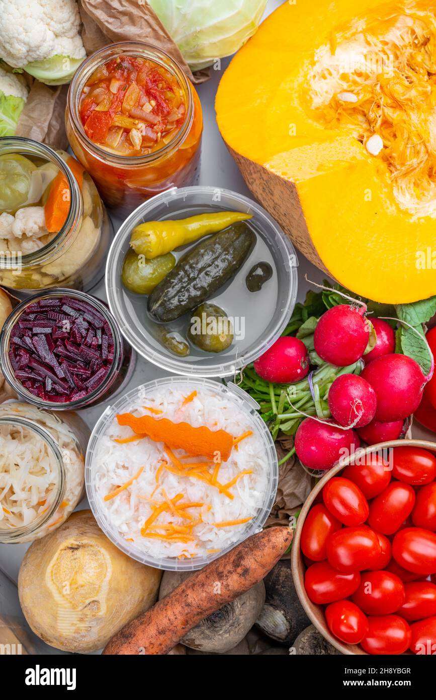 Homemade fermented in glass jars, pickled food from healthy vegetables ...