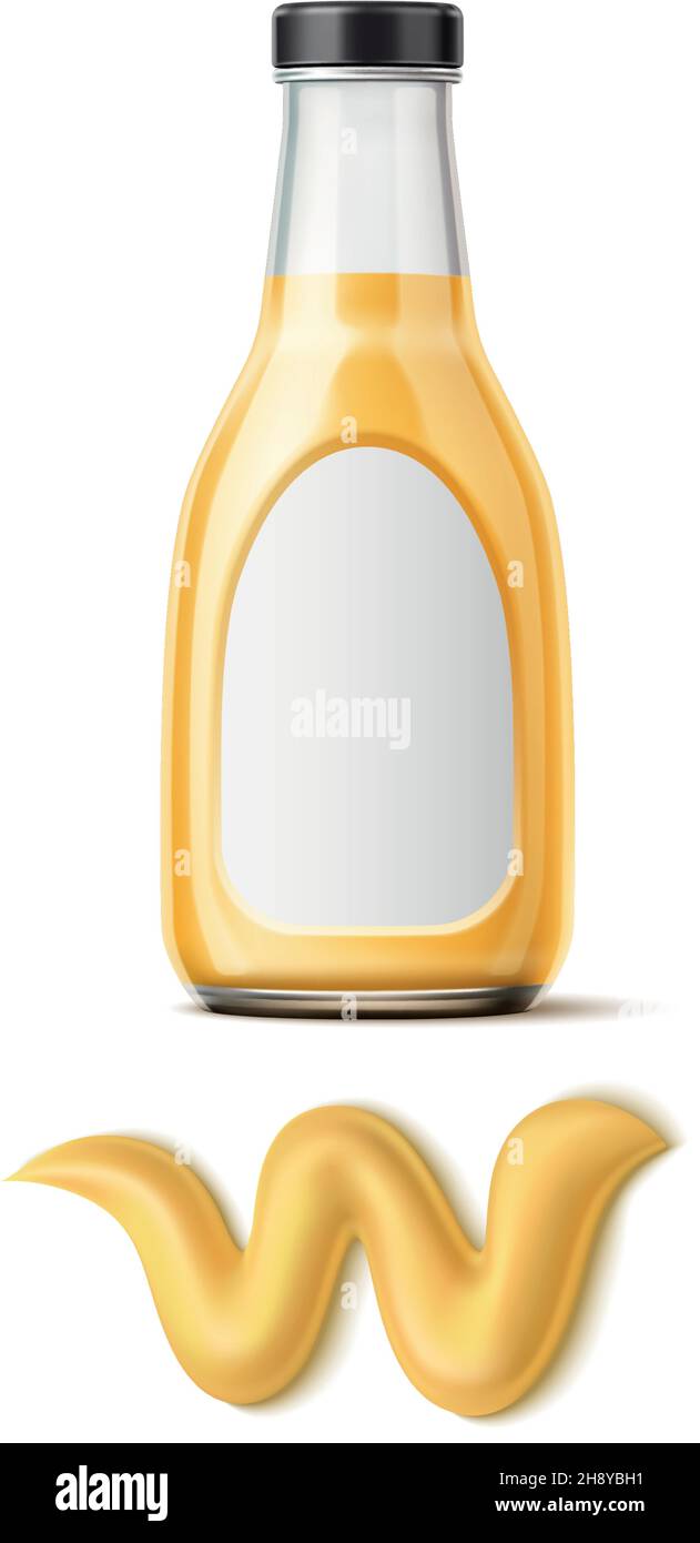 Realistic mustard bottle with sauce spill. Glass container mockup with ...