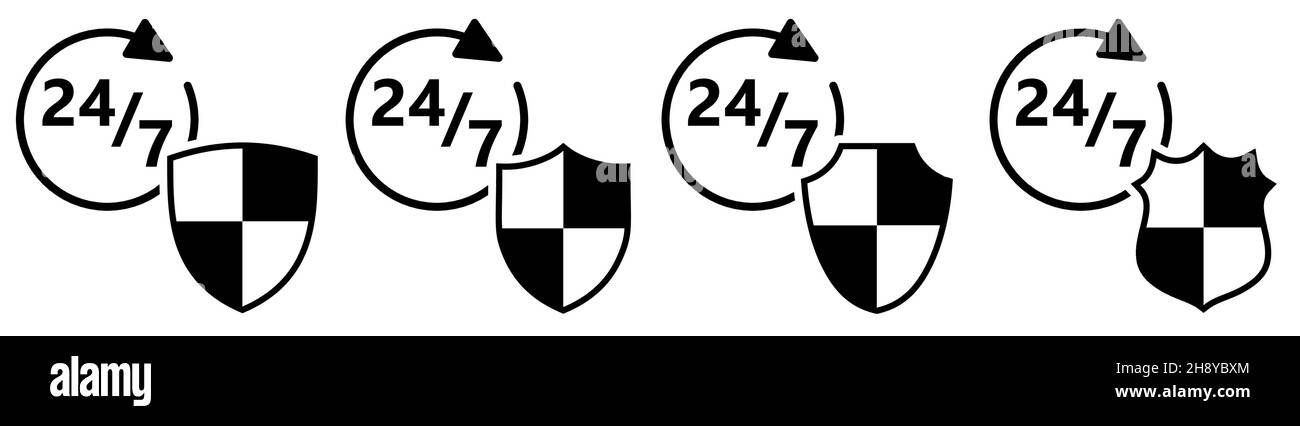 24 7 icon behind shield, different versions. Nonstop protection or ...