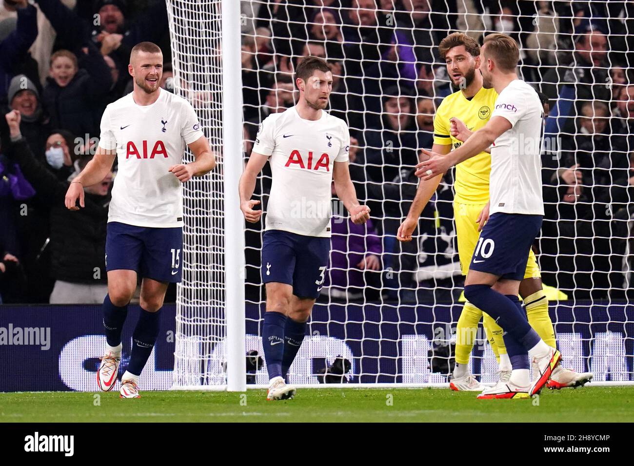 Tottenham Hotspur players celebrate their side's first goal of the game ...